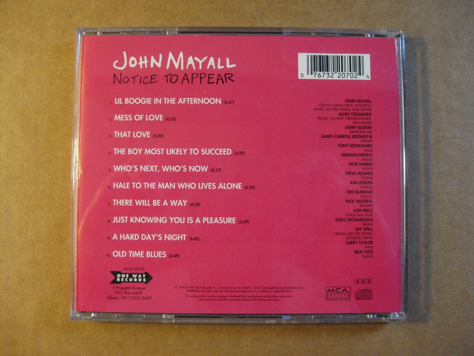 JOHN MAYALL & THE BLUESBREAKERS - Notice To Appear (1993 CD) Excellent ...