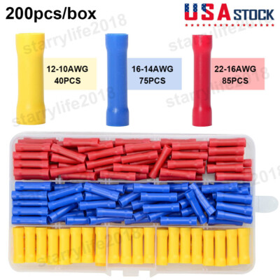 200PCS Insulated Straight Electrical Wire Connectors Butt Splice Crimp ...