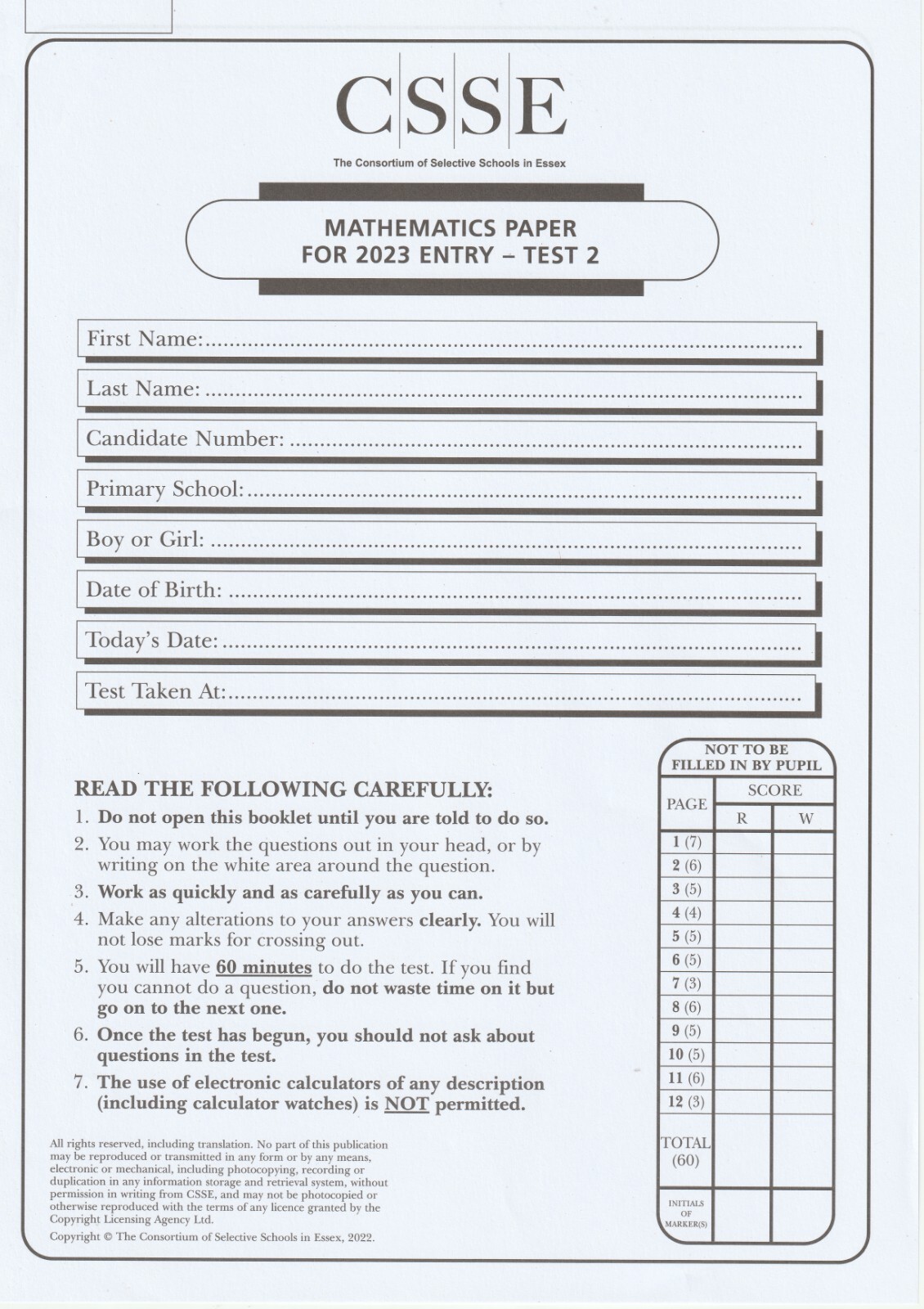 ESSEX 11+ CSSE 11+ 2023 Actual Past Paper 11plus 11+ CSSE 11+ Essex PDF ...