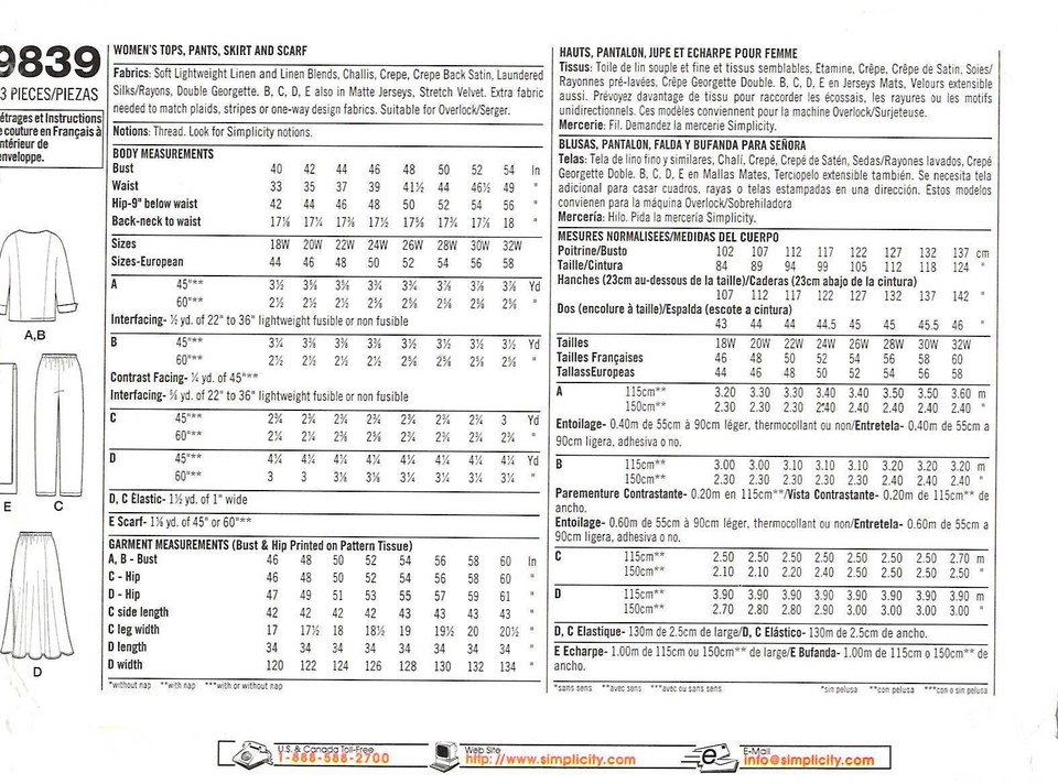 Simplicity Sewing Pattern Women's TOP PANTS SKIRT SCARF 9839 Plus Sz ...