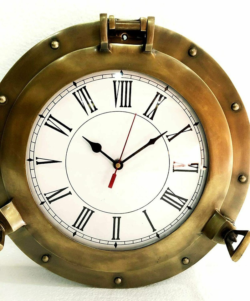 12" Antique Marine Brass Ship Porthole Clock Nautical Wall Clock Home ...