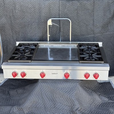 Wolf 48” Range Top Cooktop- RT486G 4 Burners + Dbl Griddle- Red Knobs ...