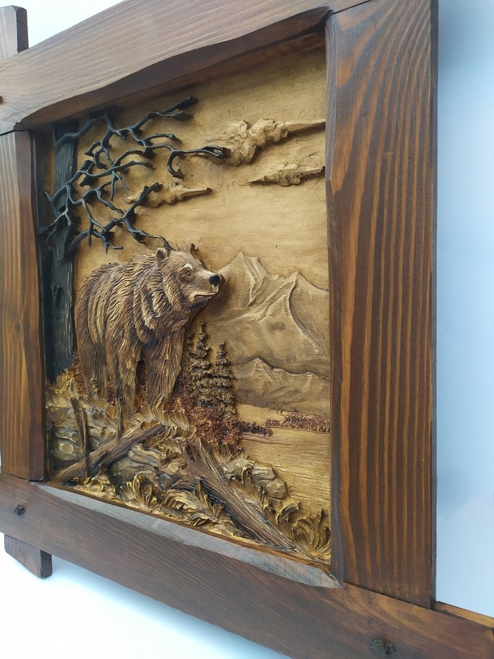 3D Wooden Picture Wood Carving Wall Art Handcarved Buddies Bears ...