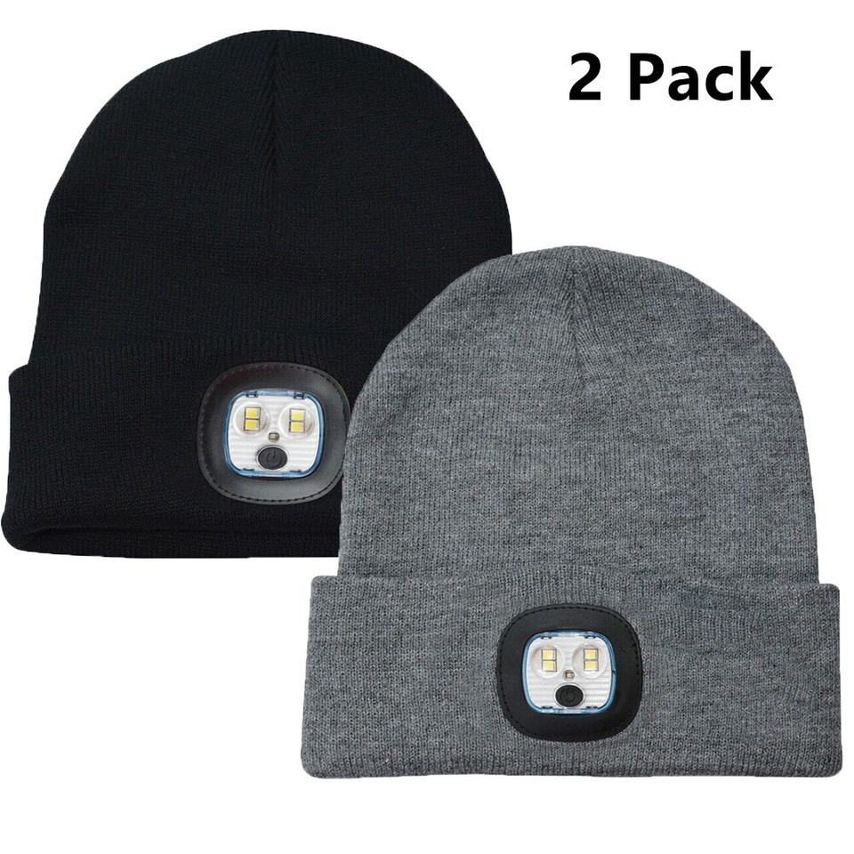 1/2Pc Unisex LED Beanie Hat Light Rechargeable Winter Warm Knitted ...