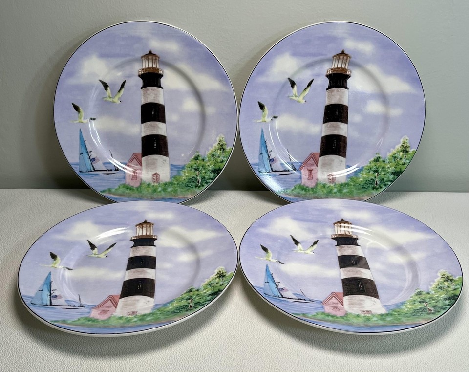 Thomson Pottery Lighthouse Dessert Plates 8" Set of 4 Seagulls Nautical ...