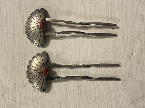 Vintage Navajo Native American Sterling Silver Coral Hair Pins Lot Of 2 ...