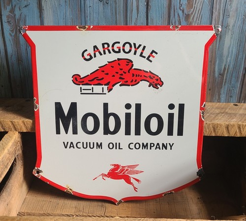 Vintage Gargoyle Mobiloil Porcelain Metal Shield Sign Mobil Oil Gas ...