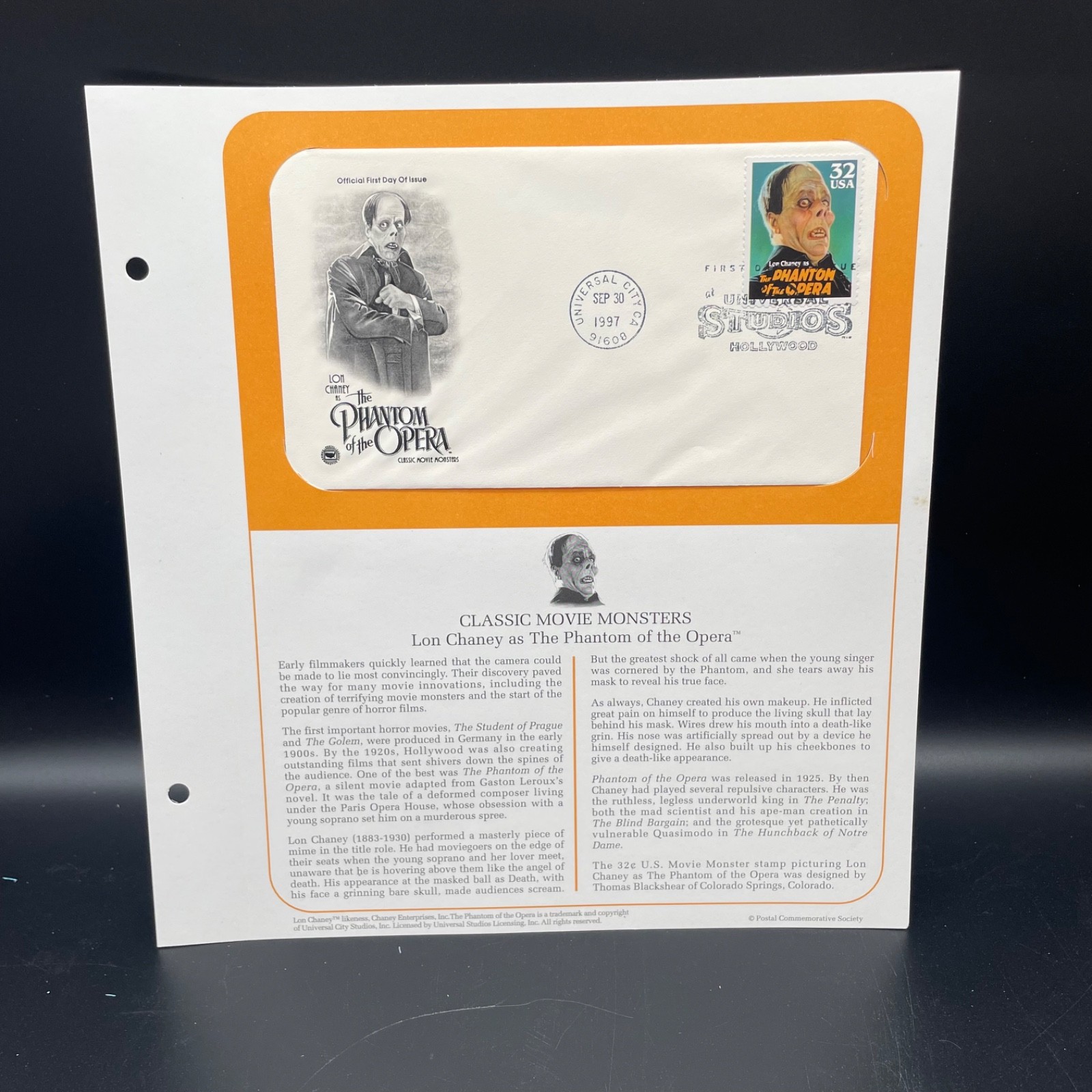 1997 First Day Cover Phantom of the Opera PCS Sheet $6 Flat Comb Ship ...