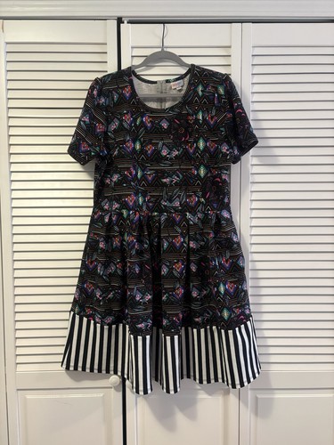 LuLaRoe 3X Amelia Dress Rainbow Black White Stripes Pocket Fit Flare ...
