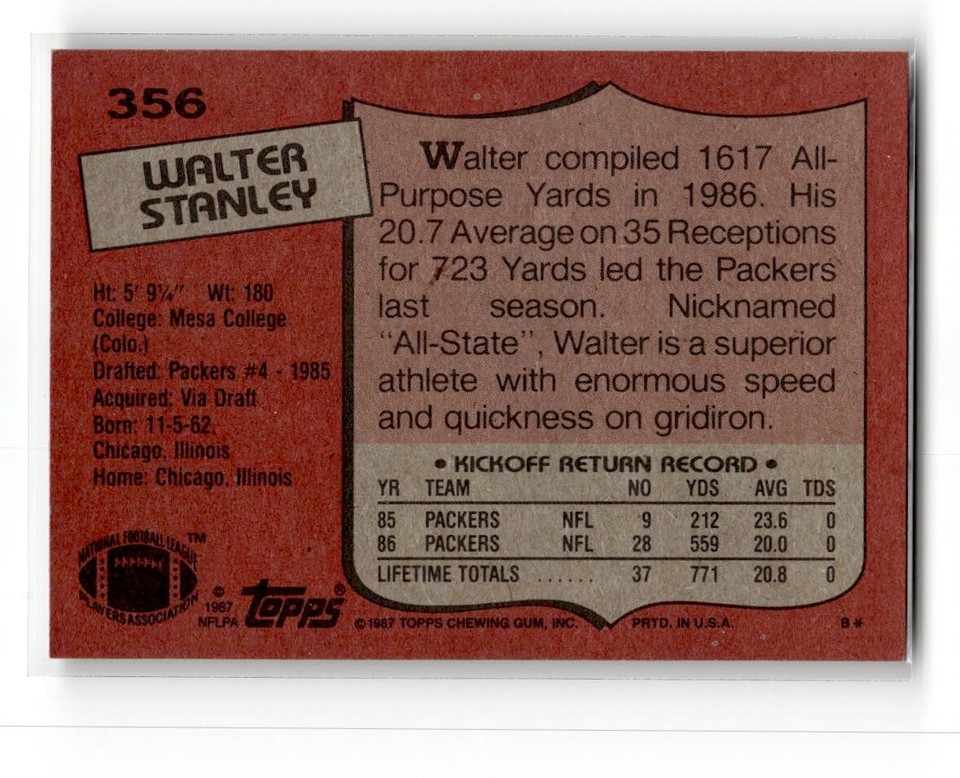 1987 Topps Football #356 Walter Stanley Green Bay Packers Wide Receiver ...