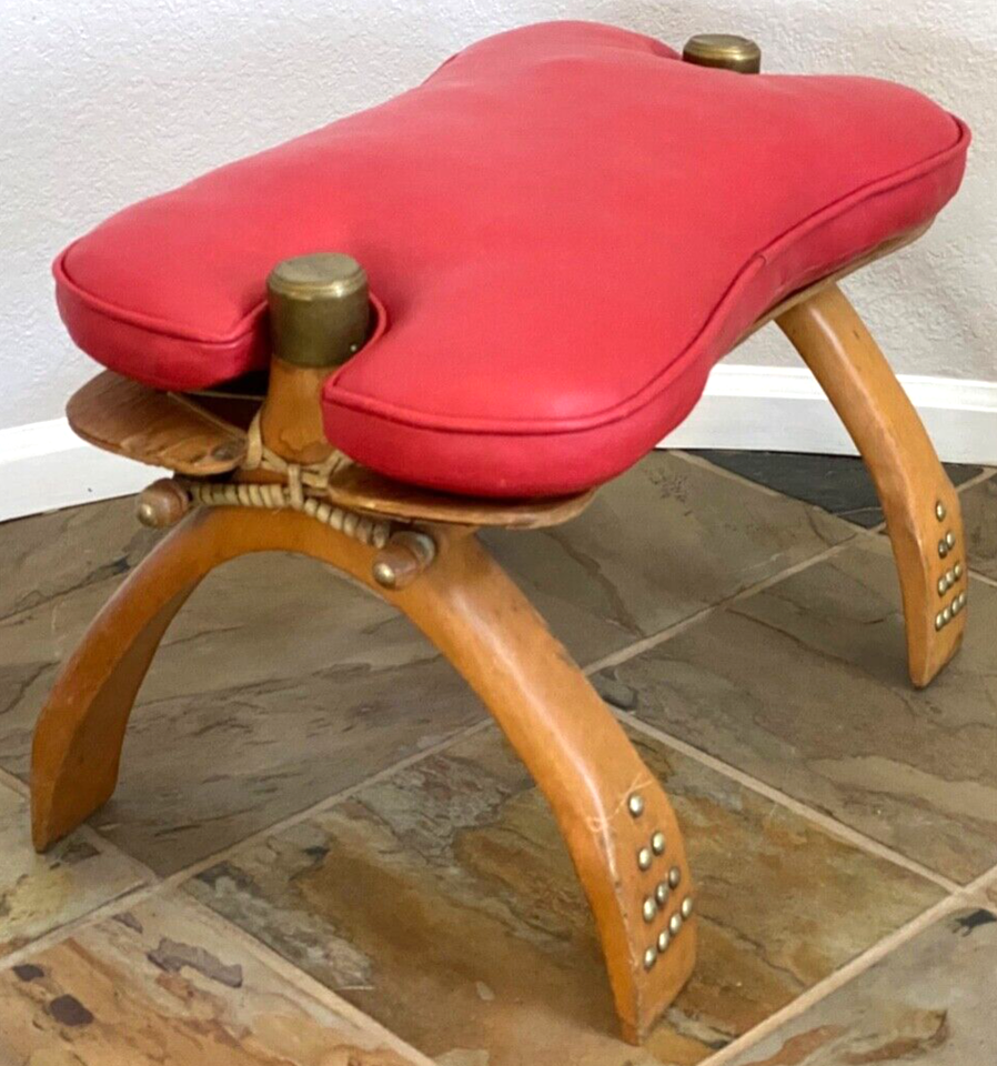 Vtg Camel Saddle Red Leather Top / Wood Foot Stool / Ottoman Egyptian ...