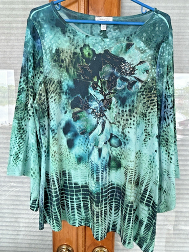 Dress Barn Tunic Top Women Plus Size 1X Blue Floral Print ~ Bell Sleeve ...
