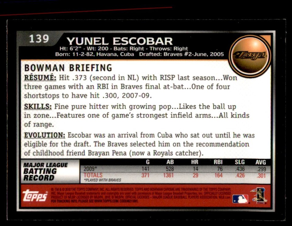 2010 BOWMAN CHROME YUNEL ESCOBAR TORONTO BLUE JAYS #139 | eBay