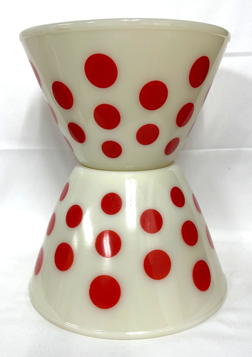 Set/2 Vintage FIRE KING Red Polka Dot Milk Glass Stacking Mixing Bowls Lrg & Med | eBay