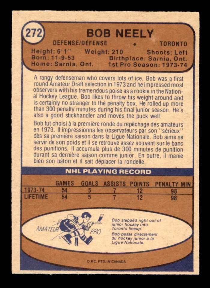 1974 OPC O-Pee-Chee Hockey #272 Bob Neely EX/MT | eBay