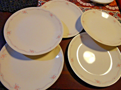 VINTAGE CORELLE ENGLISH BREAKFAST 5 DINNER PLATES PINK ROSE BLUE RIBBON ...