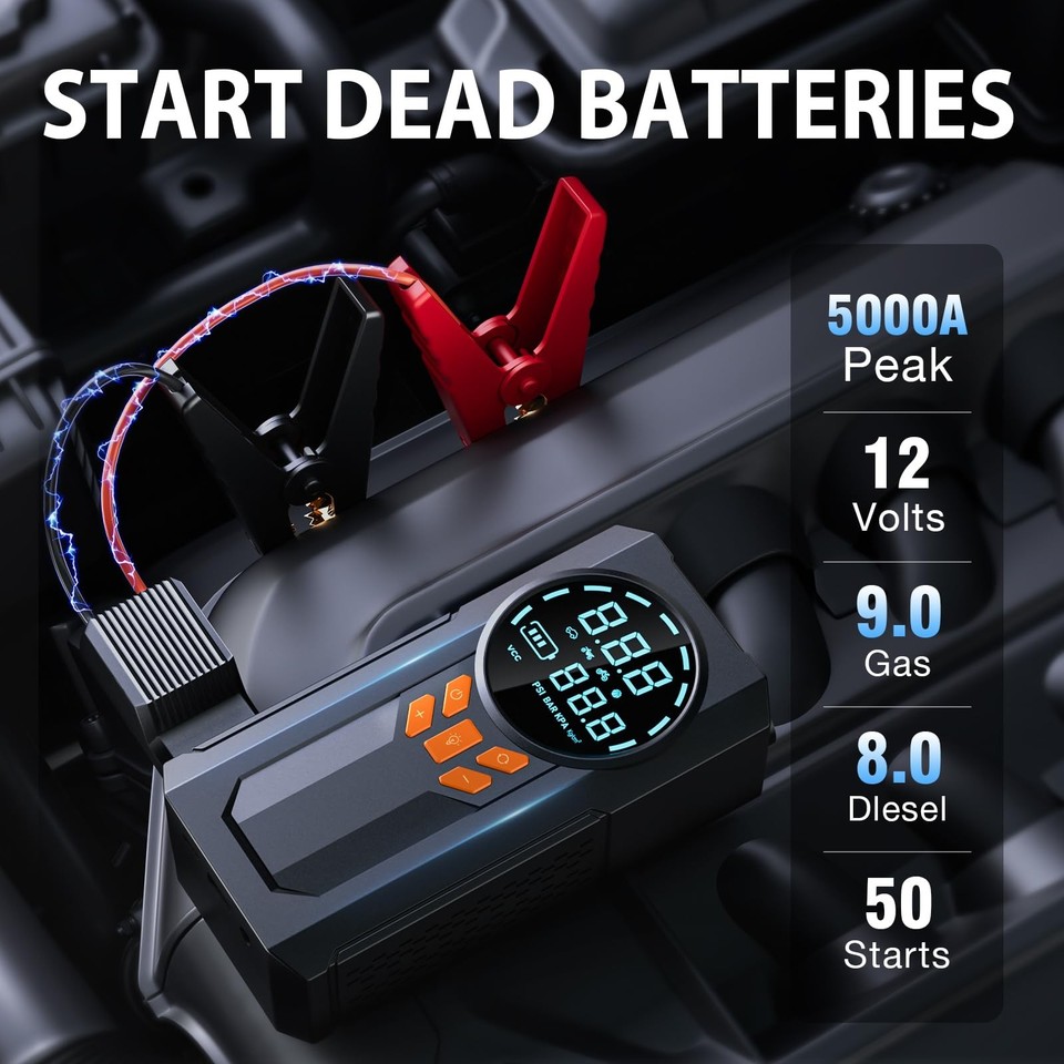 Jump Starter with Air Compressor, 5000A 3.34x2.2x6.73 inches, Matte ...