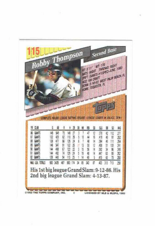 Bobby Thompson Giants 2B #115 Topps 1993 Baseball Card | eBay