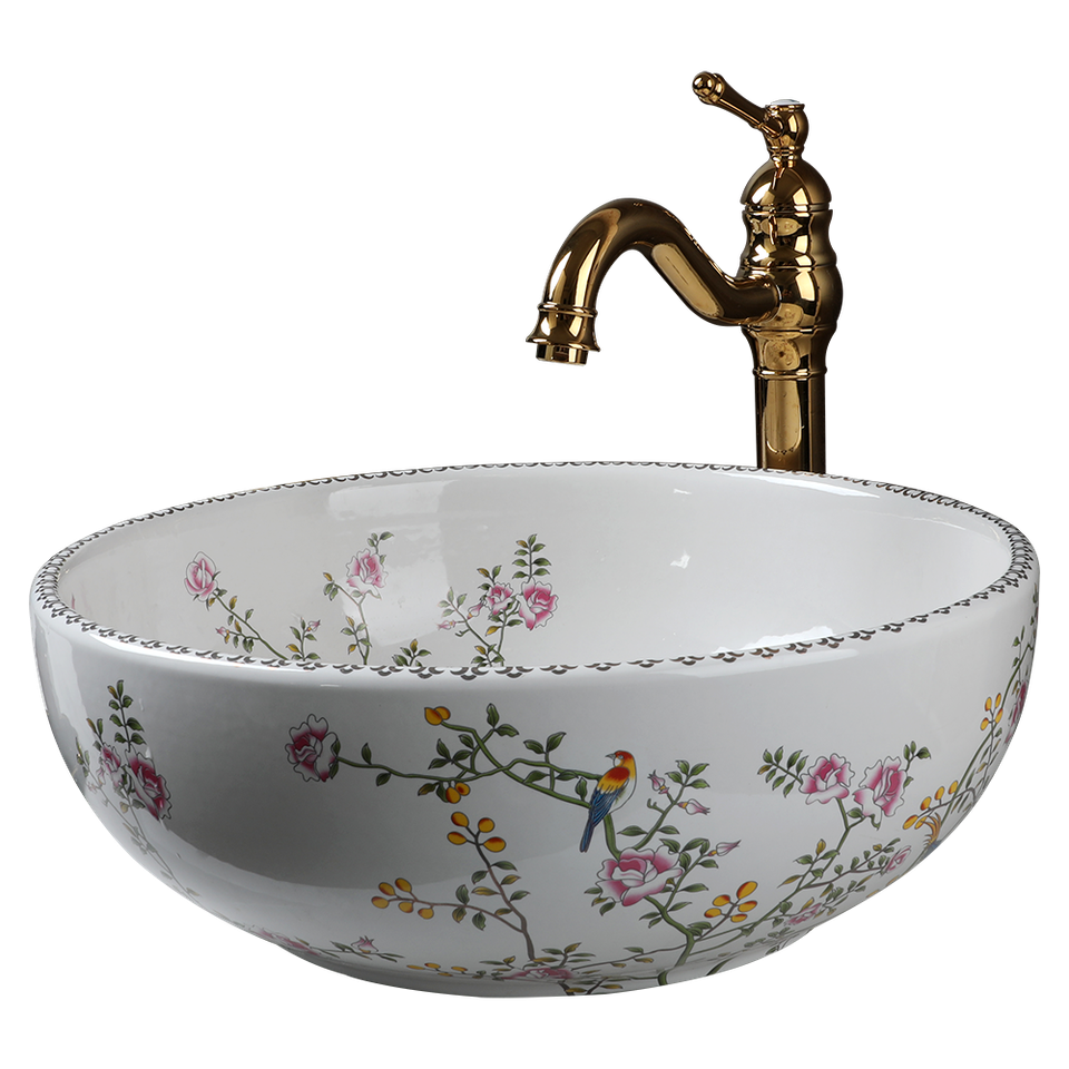 White Round Bathroom Sink Flower Ceramic Basin Mixer Deck Mount Golden ...