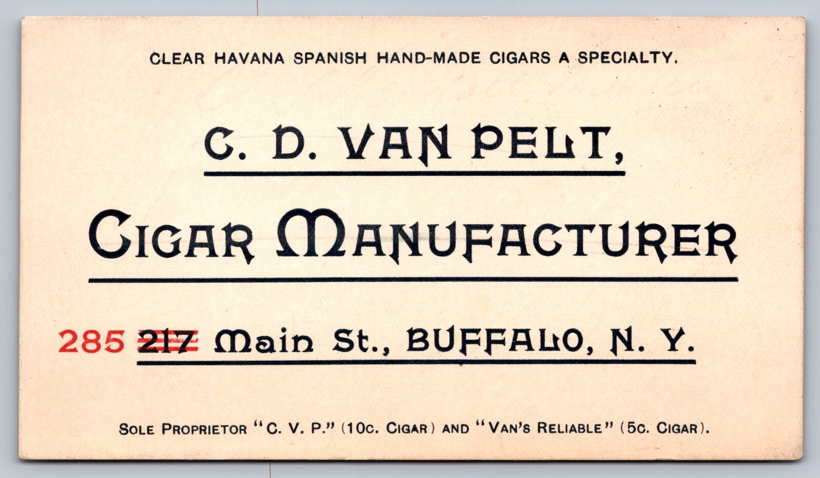 BUFFALO NEW YORK C D VAN PELT CIGAR MANUFACTURERS Victorian trade card ...