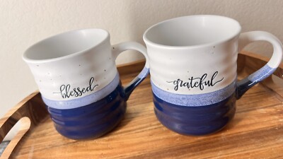 Coffee Tea Cups Mugs Blessed/Grateful Blue Ceramic Inspirational ...