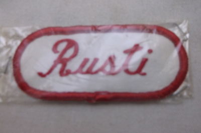 RUSTI USED EMBROIDERED SEW ON NAME PATCH TAGS OVAL RED ON WHITE | eBay