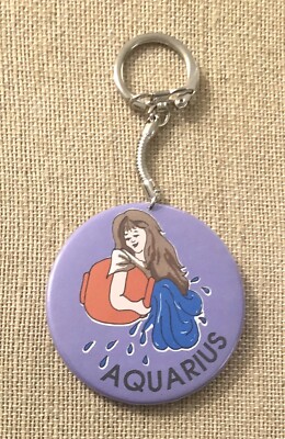 AQUARIUS Vintage Zodiac Sign Astrology Round Metal Button Keychain Key ...