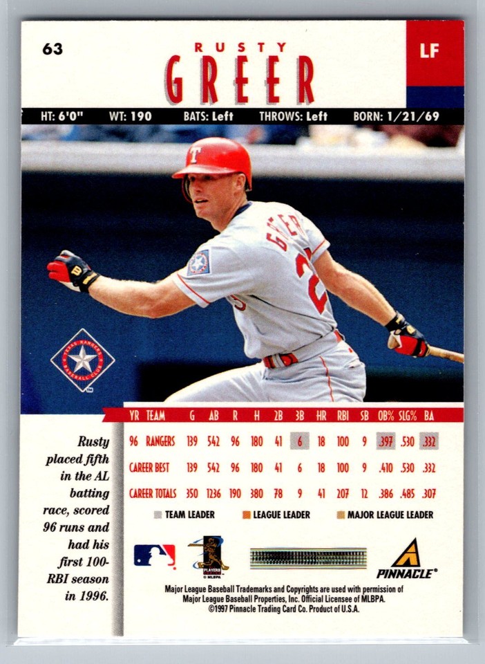 Rusty Greer 1997 New Pinnacle BASEBALL #63 Texas Rangers | eBay
