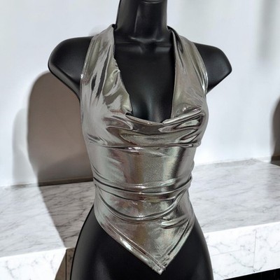 New Small Metallic Halter Top Cowl Neck Sleeveless Party Backless ...