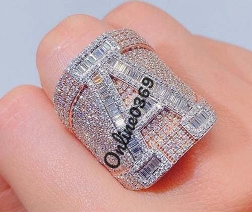 Men's Rapper Initial Letter Ring 3ct Baguette Moissanite Rose Gold ...