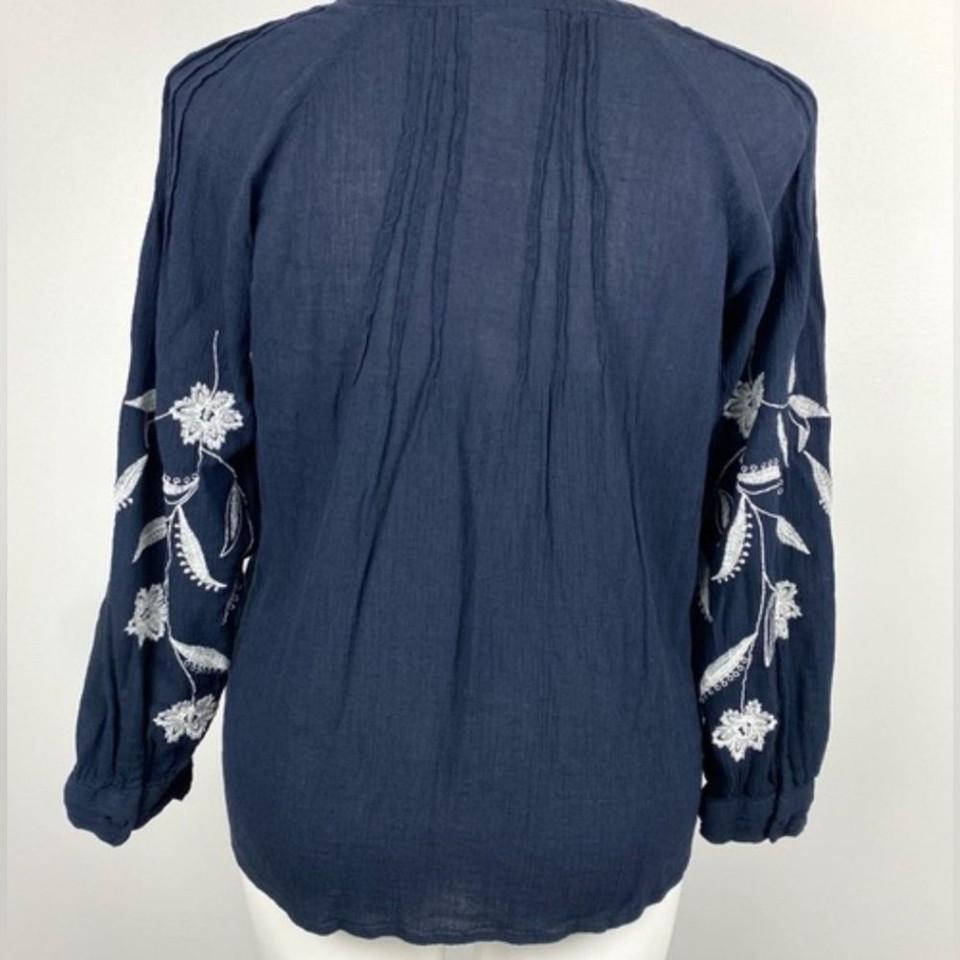 J. Jill Size Large Embroidered Floral Flowy Button Down Top Navy Blue ...