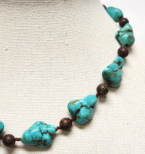 Turquoise Color Magnesite & Brown Stone Necklace 925 Sterling Silver ...