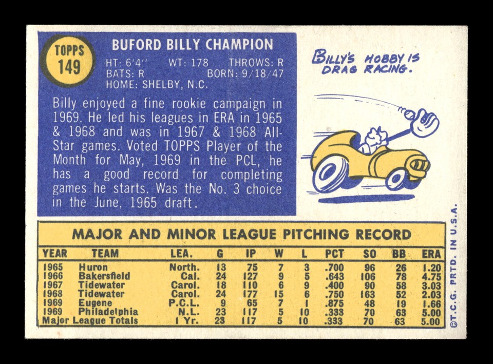 Billy Champion 1970 Topps MLB Baseball #149 RC Rookie Phillies Set ...