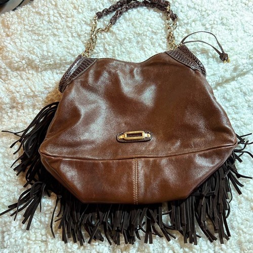 JIMMY CHOO Fringe Shoulder Bag Brown Suede Gold Hardware Spacious | eBay