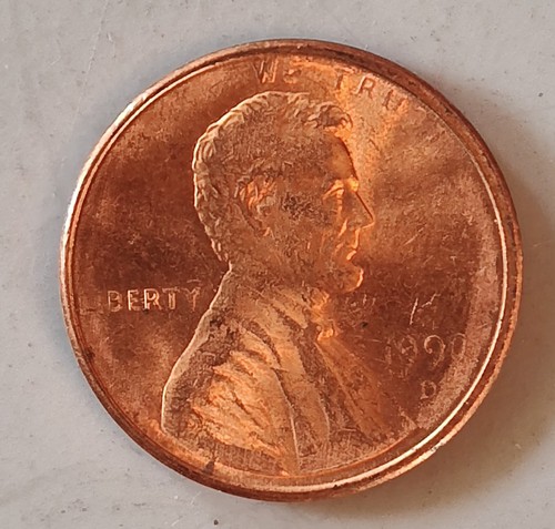 1990 D Denver Lincoln Memorial Cent Strike Thru Grease Error AU Obverse ...