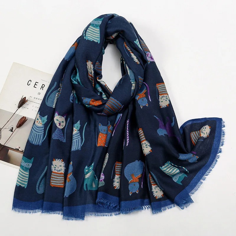 Cat Print Fringed Shawl Scarf Women Cotton Viscose Lightweight Wrap 180 ...