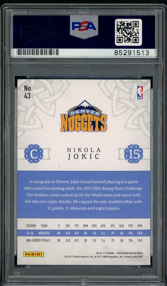 Nikola Jokic Nuggets Signed 2016-17 Panini Excalibur #43 PSA/DNA 10 ...