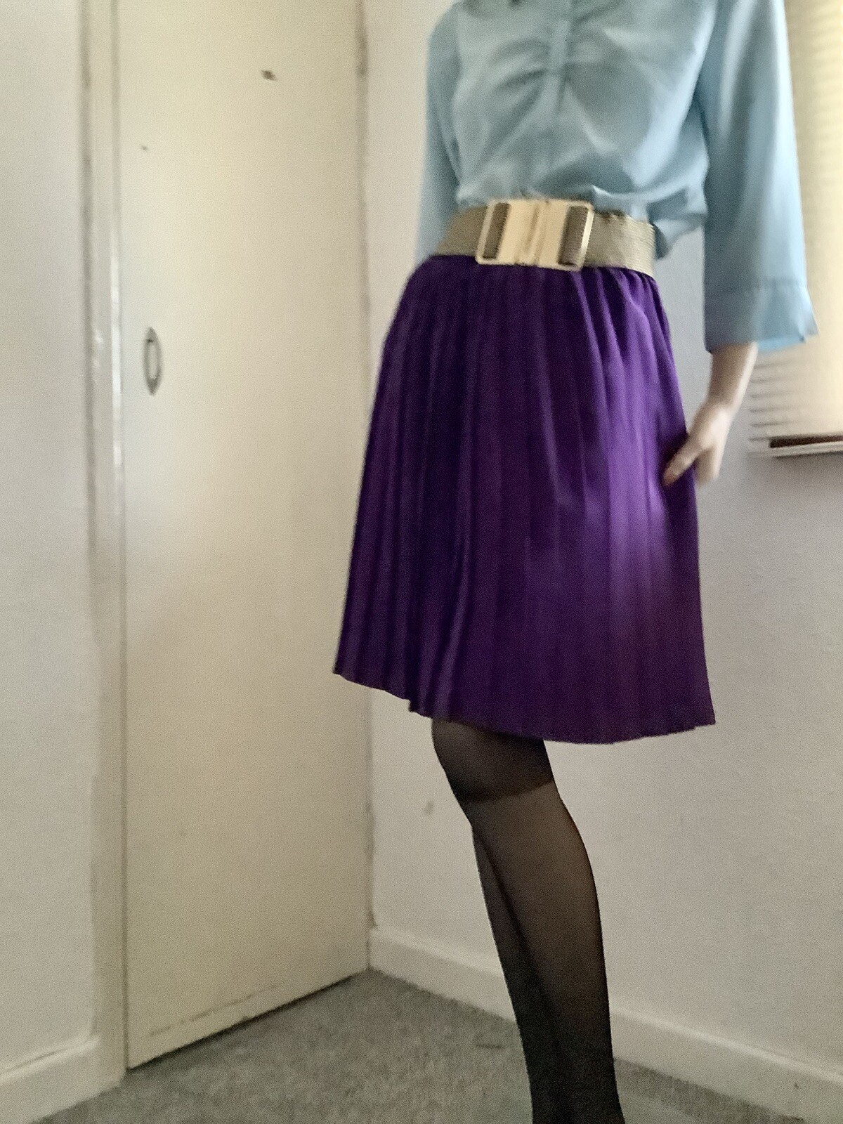 Vintage Purple Governess or Secretary Silky Pleated Skirt Elasticated ...
