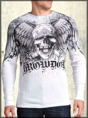Men's Throwdown by Affliction MMA Skull & Wings White Thermal Y2K T ...