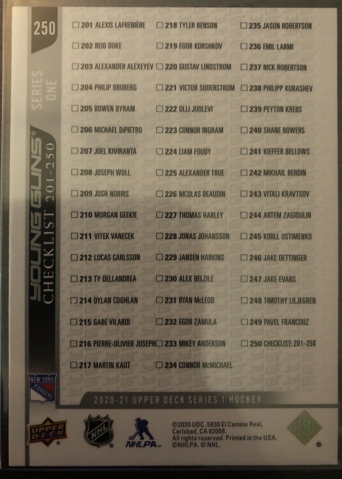 ALEXIS LAFRENIERE RC 2020-21 UD YOUNG GUNS CHECKLIST Kravtsov Rookie 20 ...