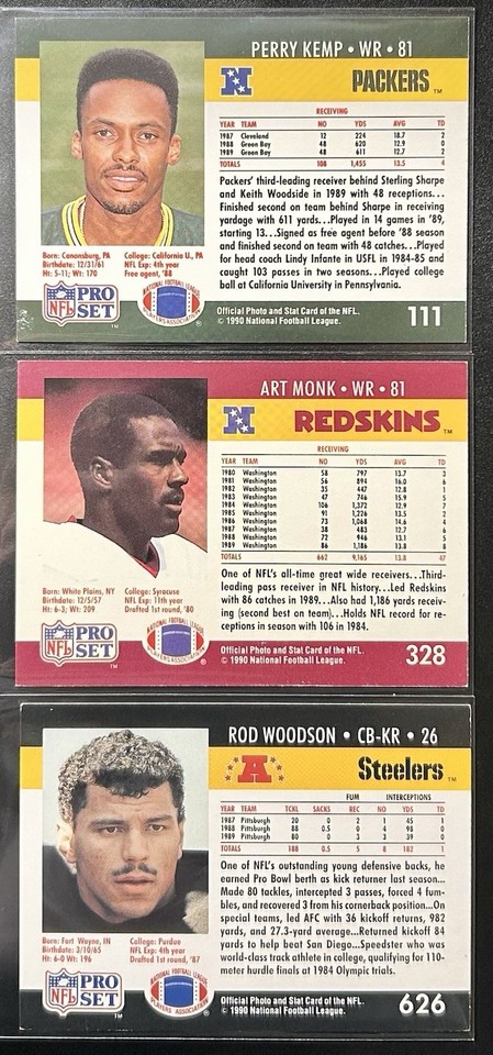 1990 Pro Set - 3 Card NFL Lot - Perry Kemp, Art Monk, Rod Woodson | eBay