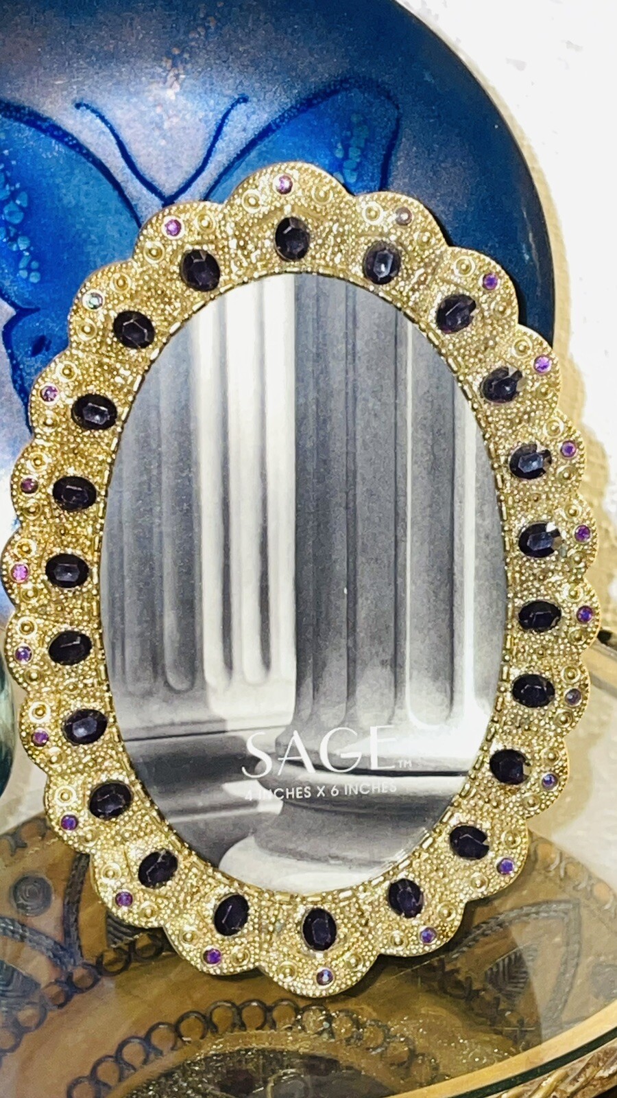 Oval Ornate Picture Frame Heavy Bejeweled Metal Purple Pink Rhinestones ...
