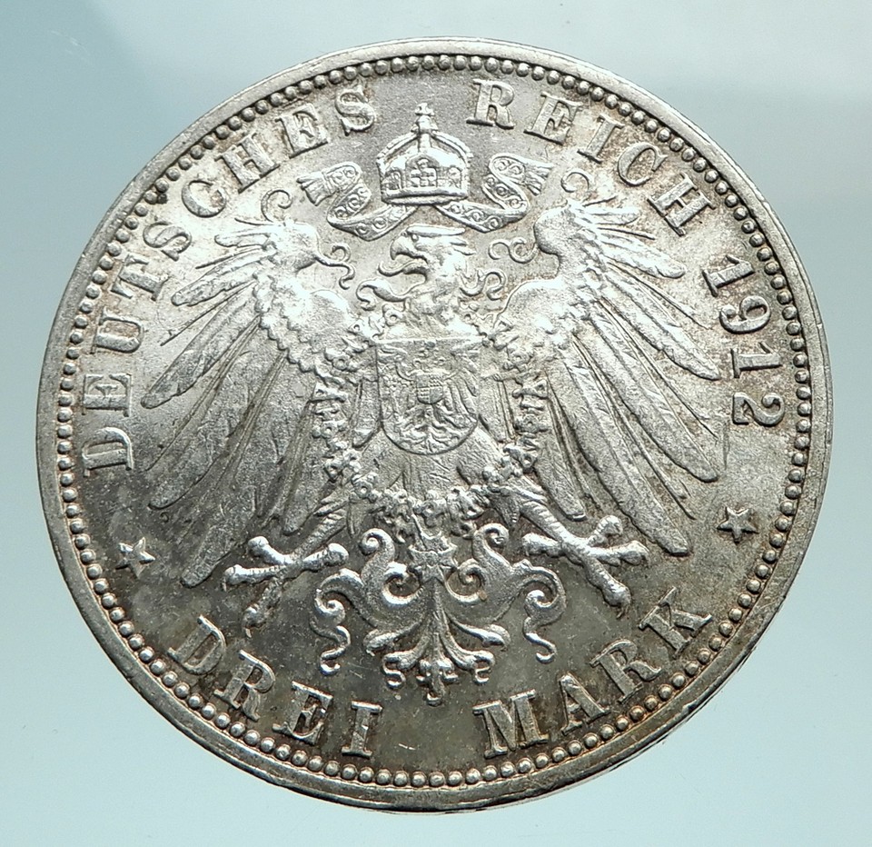 1912 F Germany GERMAN STATES Wurttemberg w WILHELM II Genuine Silver ...