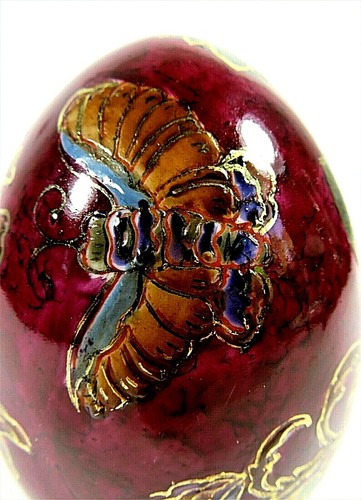 Decorative Ceramic Egg Maroon Hand Painted Flowers Butterfly Gold Gild ...