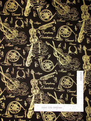 Music Fabric Horn String Instruments Gold Cotton Timeless Treasures ...
