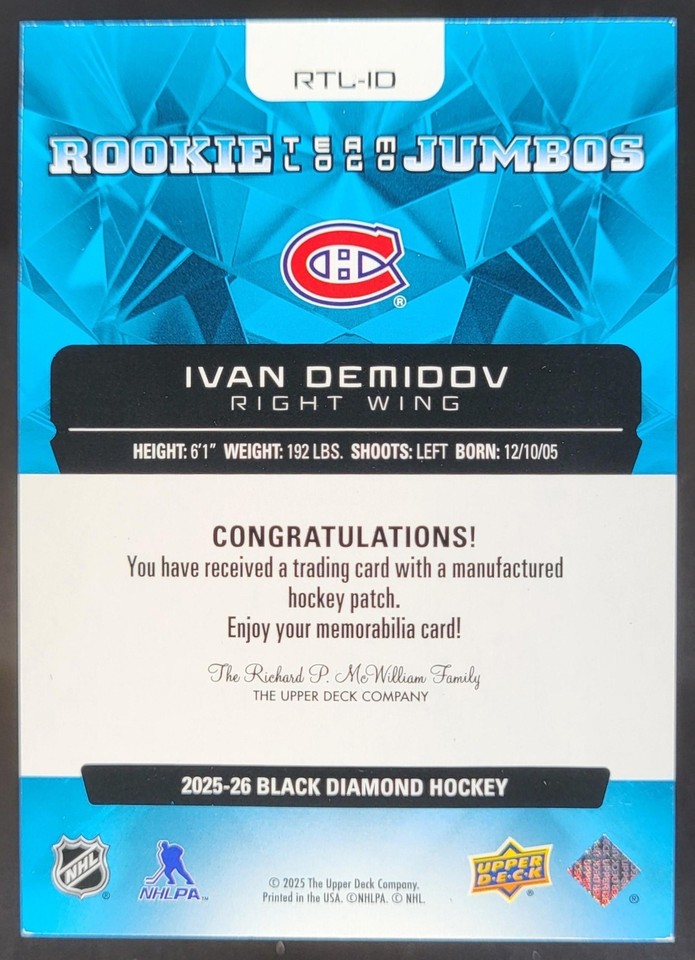 2025-26 Upper Deck Black Diamond Ivan Demidov Team Logo Jumbo Rookies ...