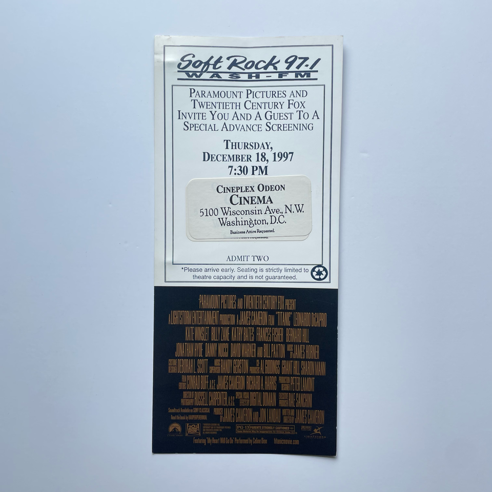 Titanic Movie Screening Ticket 12/18/1997 Leonardo DiCaprio, Kate ...