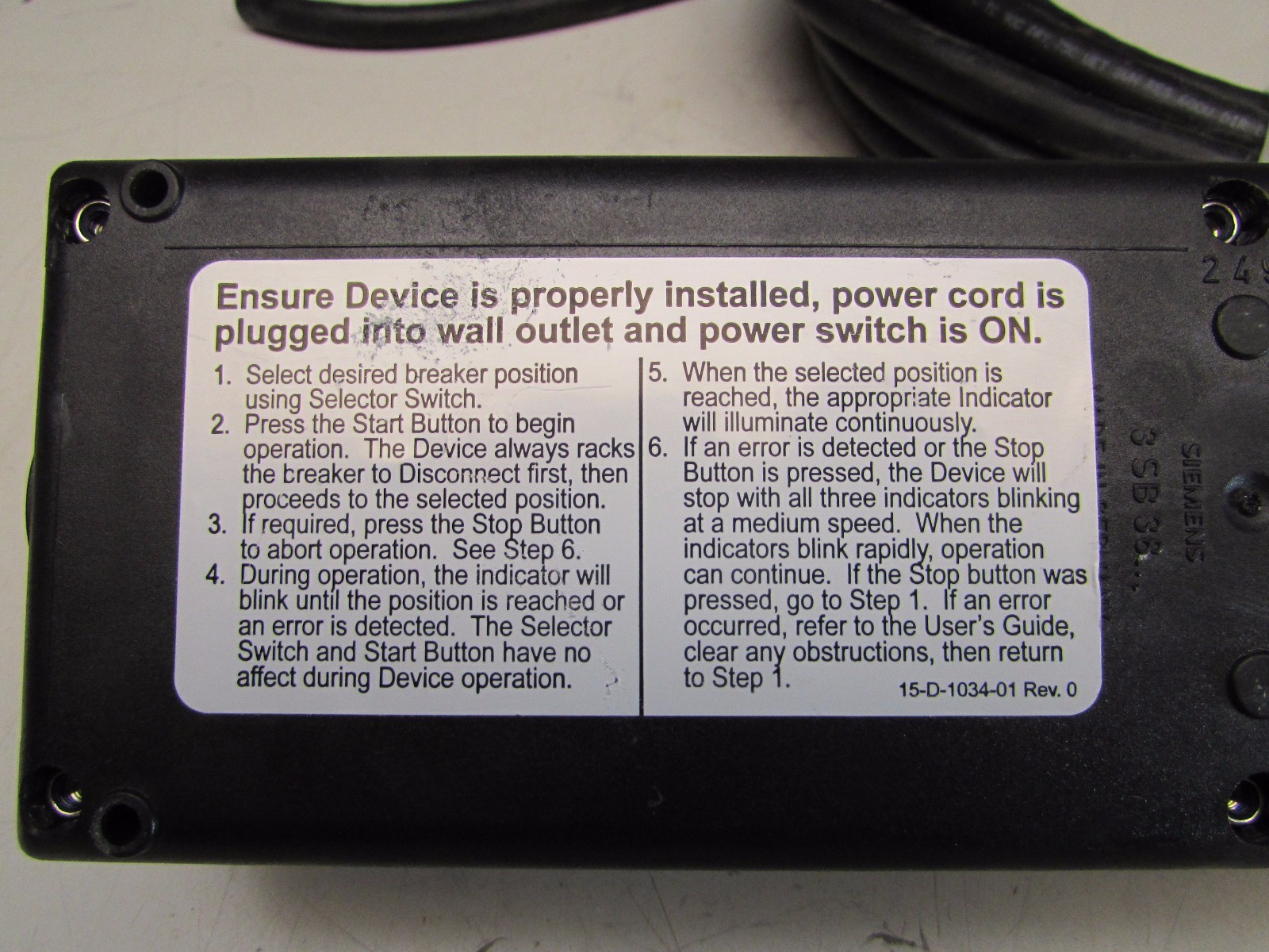 SIEMENS REMOTE PENDANT FOR REMOTE BREAKER RACKING DEVICE (RBRD) NICE ...