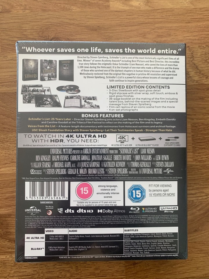 Schindler's List Limited Collector's Edition Steelbook 4K Ultra HD Blu ...