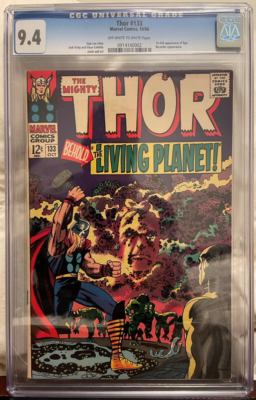 Thor #133 CGC 9.4 OW/W - 1st Full Apperance of Ego; 1st Count Tagar | eBay